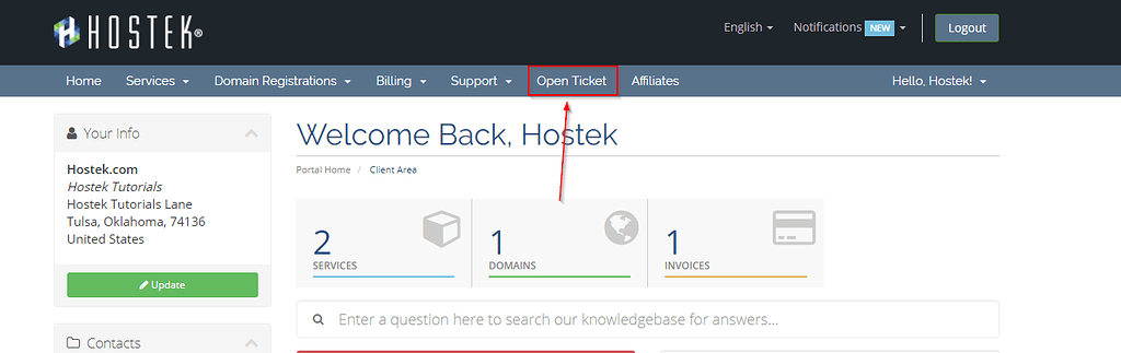 Submitting a Ticket via Billing Control Panel - Billing Control Panel - Hostek Community